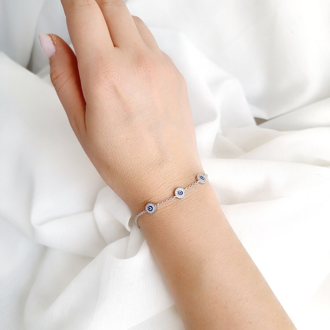 Dark Blue Triple Tiny Greek Evil Eye Enamel and Cubic Zirconia Chain ...