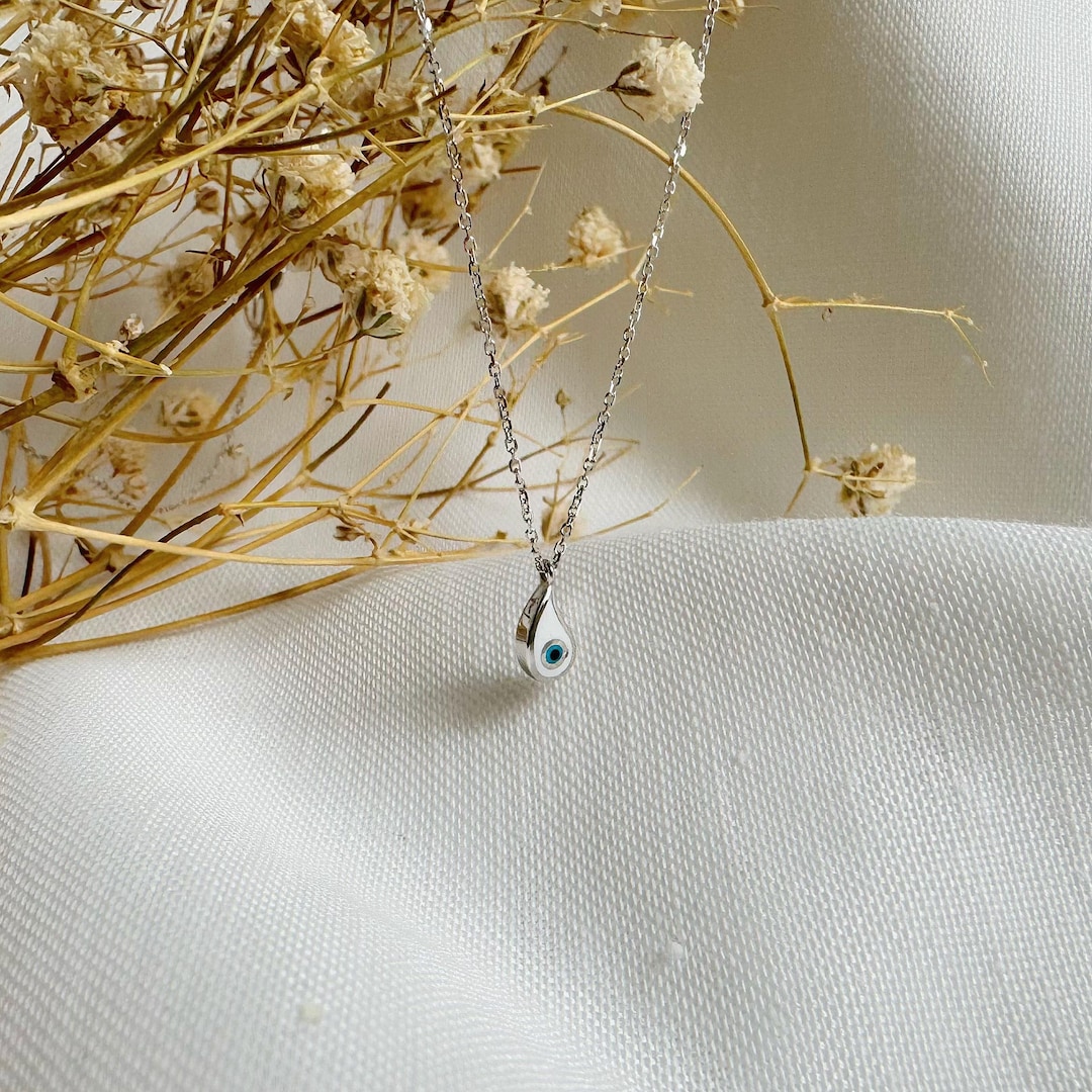 14K Tiny Paisley Greek Evil Eye Necklace Pendant. 14K White Solid Gold ...