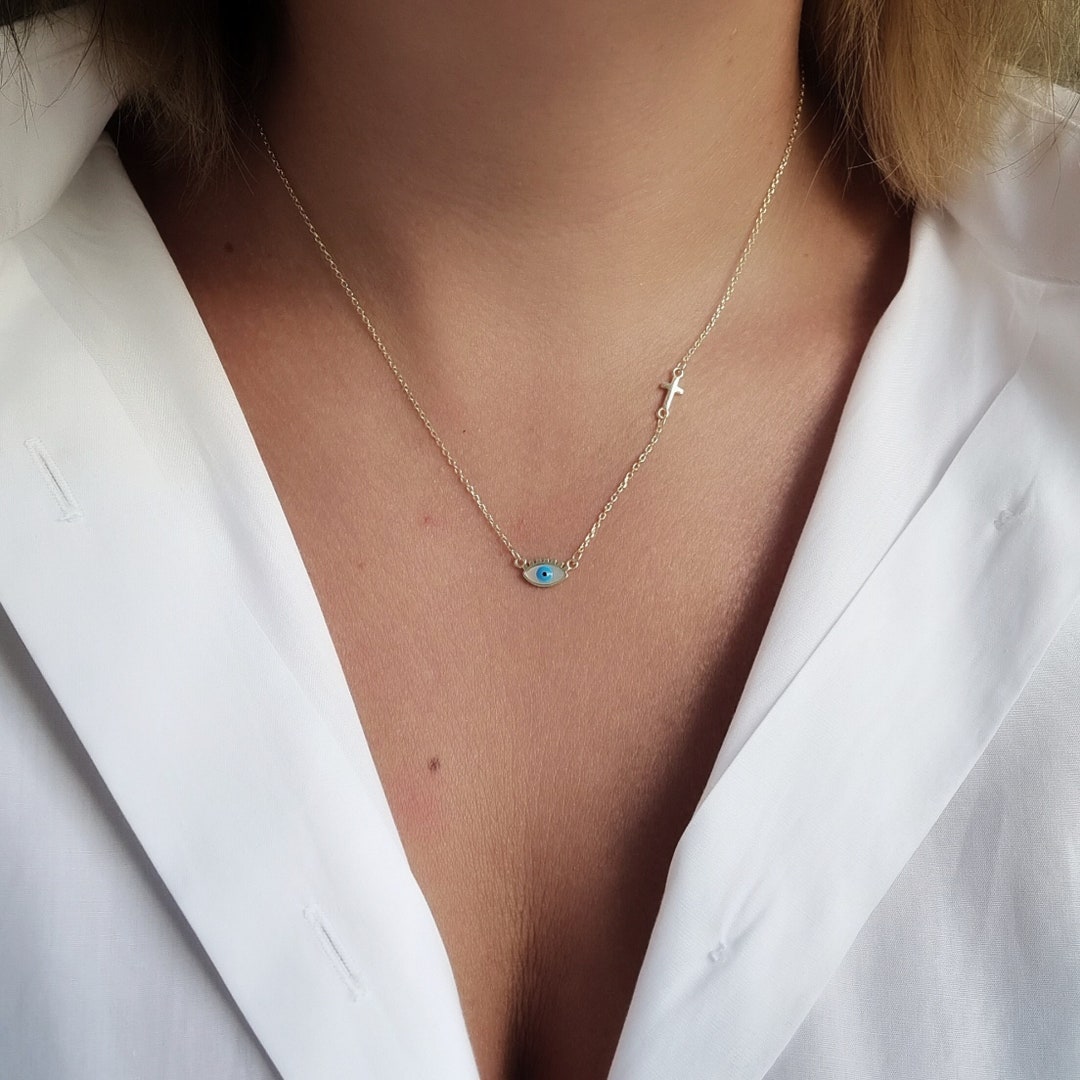Silver Greek Evil Eye Cross Pendant Chain Necklace. 925 Sterling Silver ...