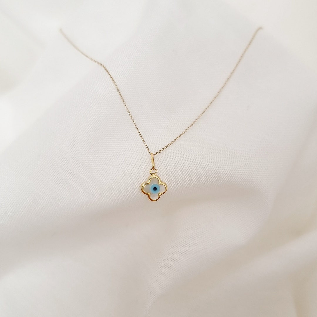 14K Gold Greek Evil Eye Cross Clover Pendant:mother of Pearl Luck ...