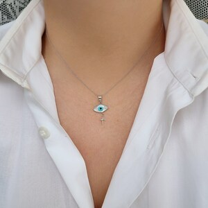 14K Gold Greek Evil Eye & Cross Pendant. 14K Solid White Gold. Two ...