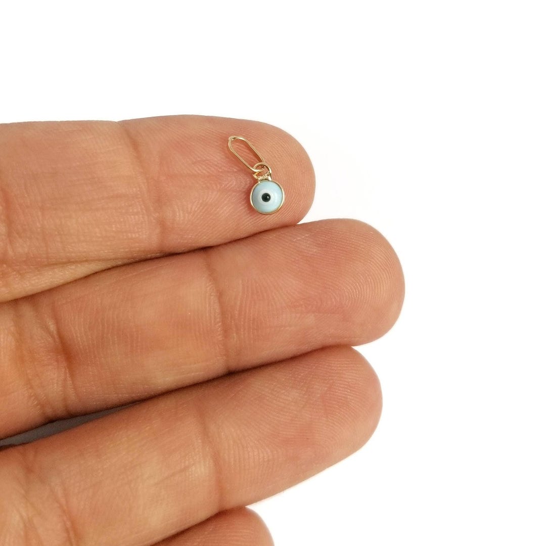 14K Tiny Gold Light Blue Greek Evil Eye Pendant.14k Solid Yellow Gold ...