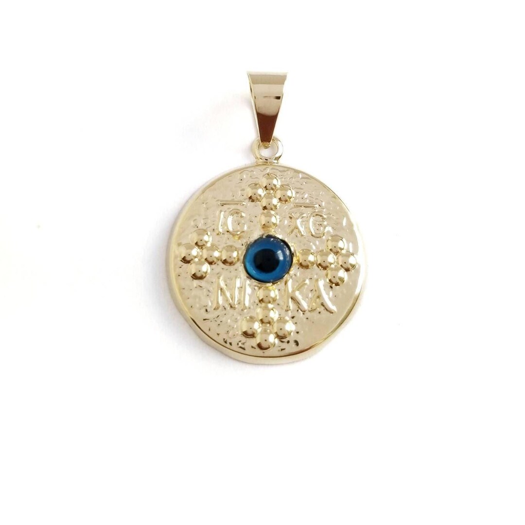 14K or 9K Greek Evil Eye and ICXC NIKA Cross Necklace. 14K or 9K Solid ...