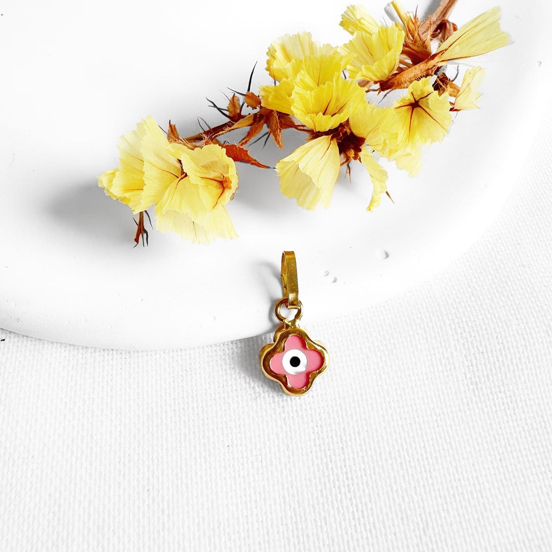14K Gold Pink Greek Evil Eye Clover Cross Pendant: Good Luck Protection ...