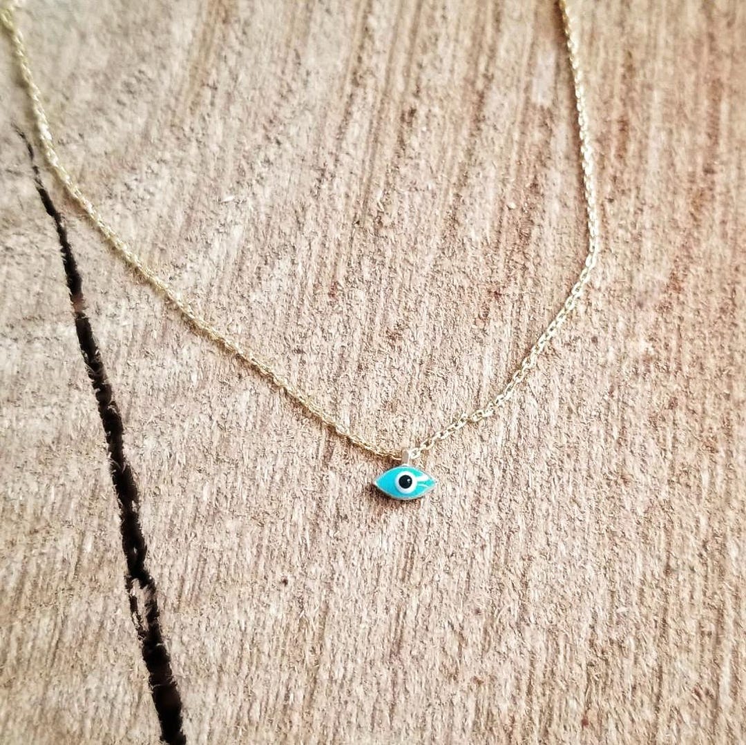 14K Super Tiny Greek Evil Eye Necklace. 14K Yellow Solid Gold ...