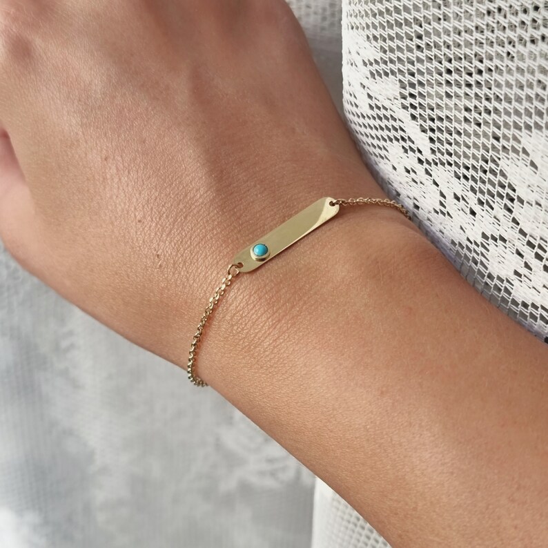 14K Hand-engraved Turquoise Bead Tag in Chain Bracelet.14k - Etsy UK
