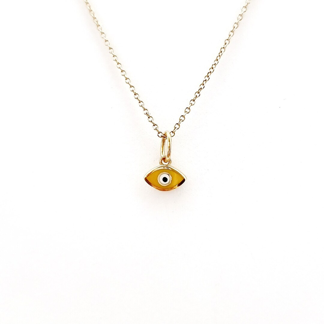 14K Gold Tiny Yellow Greek Evil Eye Pendant. 14K Yellow Solid Gold. Yellow Enamel Evil Eye ...