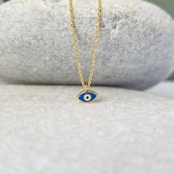9K Tiny Greek Evil Eye Necklace Pendant. 9K Yellow Solid Gold. | Etsy