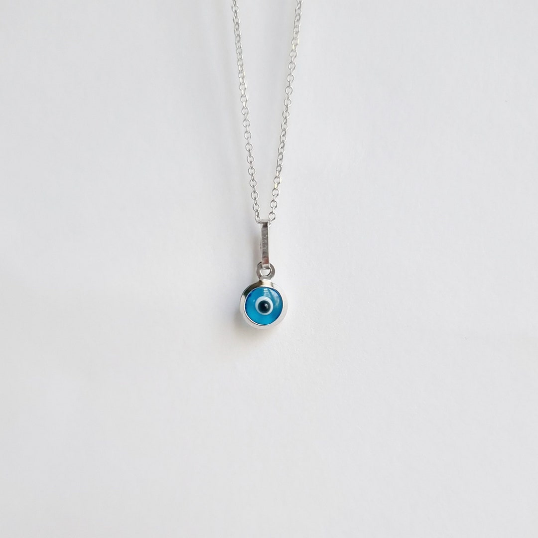 14K Tiny Gold Blue Greek Evil Eye Pendant.14k White Solid Gold. Blue ...
