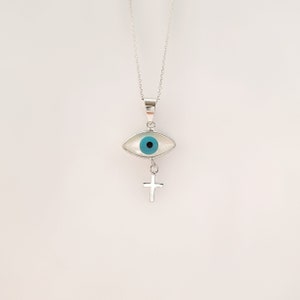 14K Gold Greek Evil Eye & Cross Pendant. 14K Solid White Gold. Two ...