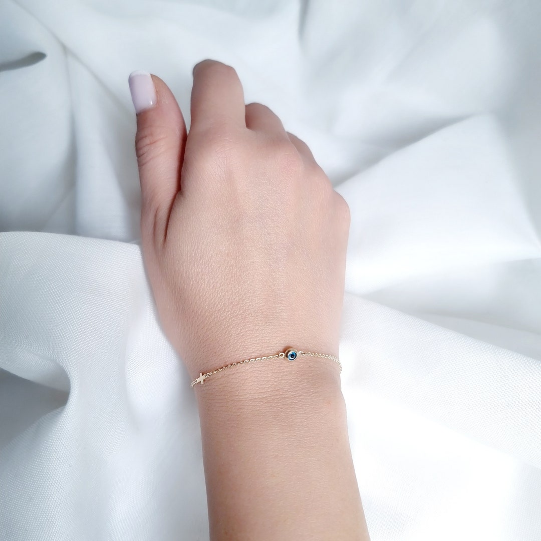 14K Tiny Greek Evil Eye & Cross Charms in Chain Bracelet.14k Yellow ...