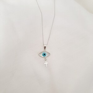 14K Gold Greek Evil Eye & Cross Pendant. 14K Solid White Gold. Two ...
