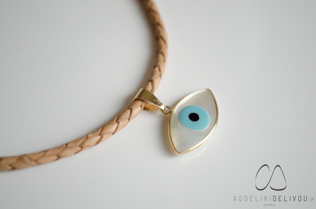 Minimal 14K or 9K Gold Greek Evil Eye Pendant. Solid Yellow Gold ...