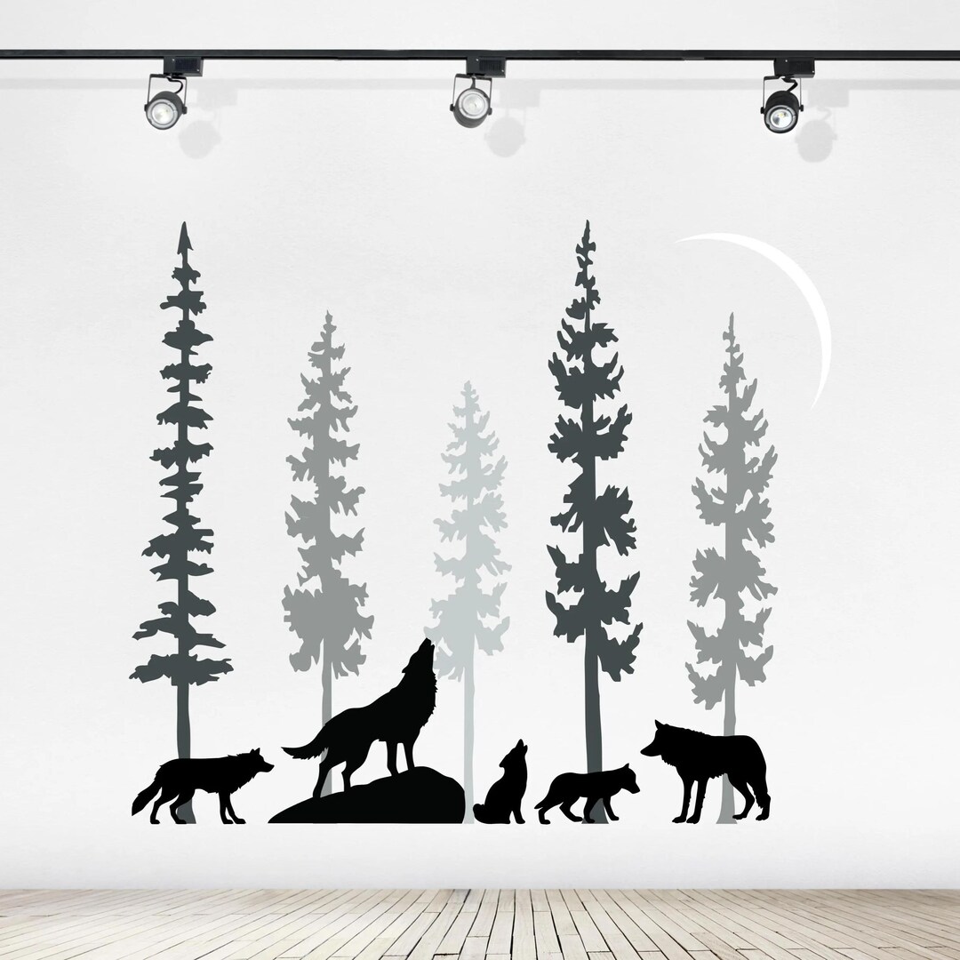 Wolf Pack Wall Decal – Forest and Moon Vinyl Sticker for Rustic Home ...