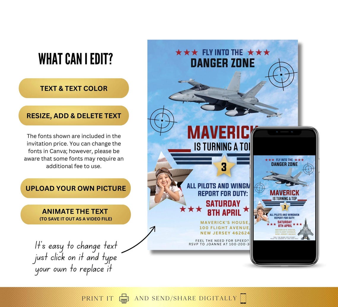 ANY TEXT Top Pilot Theme Birthday Invite | Fighter Jet Planes Pilot ...