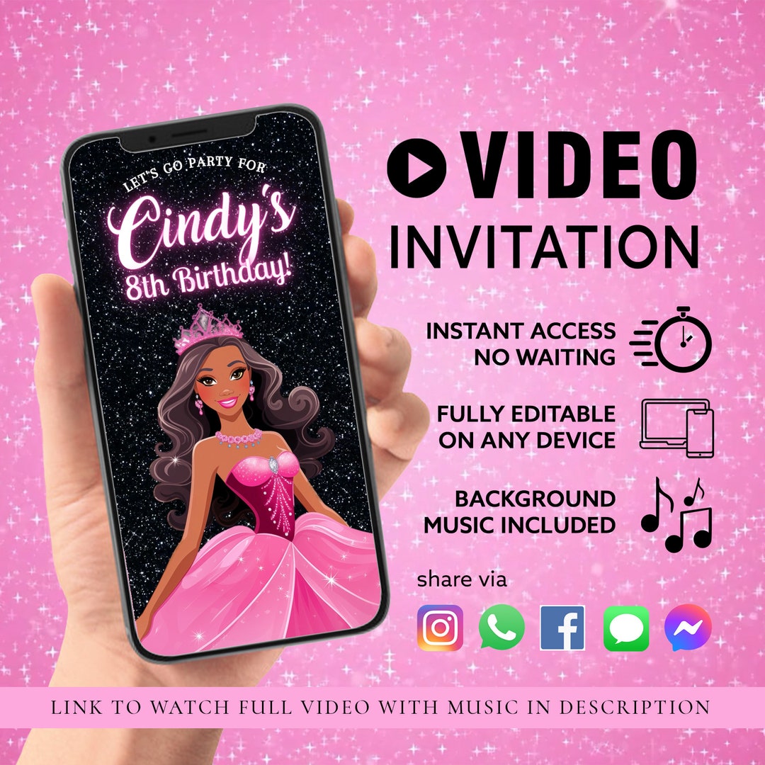 ANY TEXT Pink Glitter Video Invitation, Birthday Party, Princess Doll ...