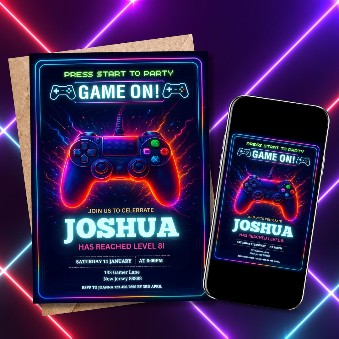 EDITABLE Gaming Party Invitation, Gamer Party Invite, Neon Gaming Party ...