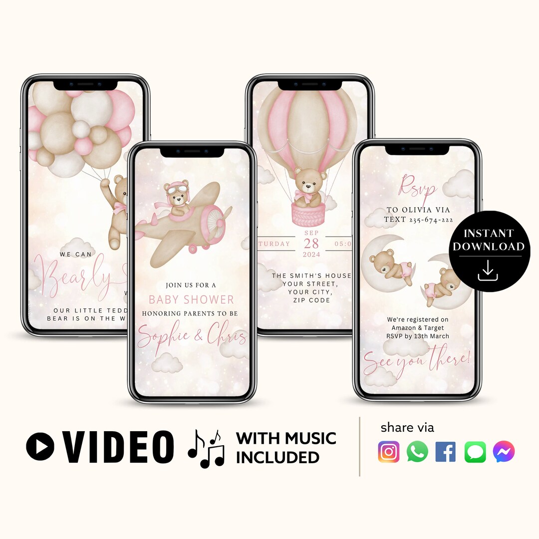 ANY TEXT Baby Shower Party Invitation | Pink Baby Bear Air Balloons ...