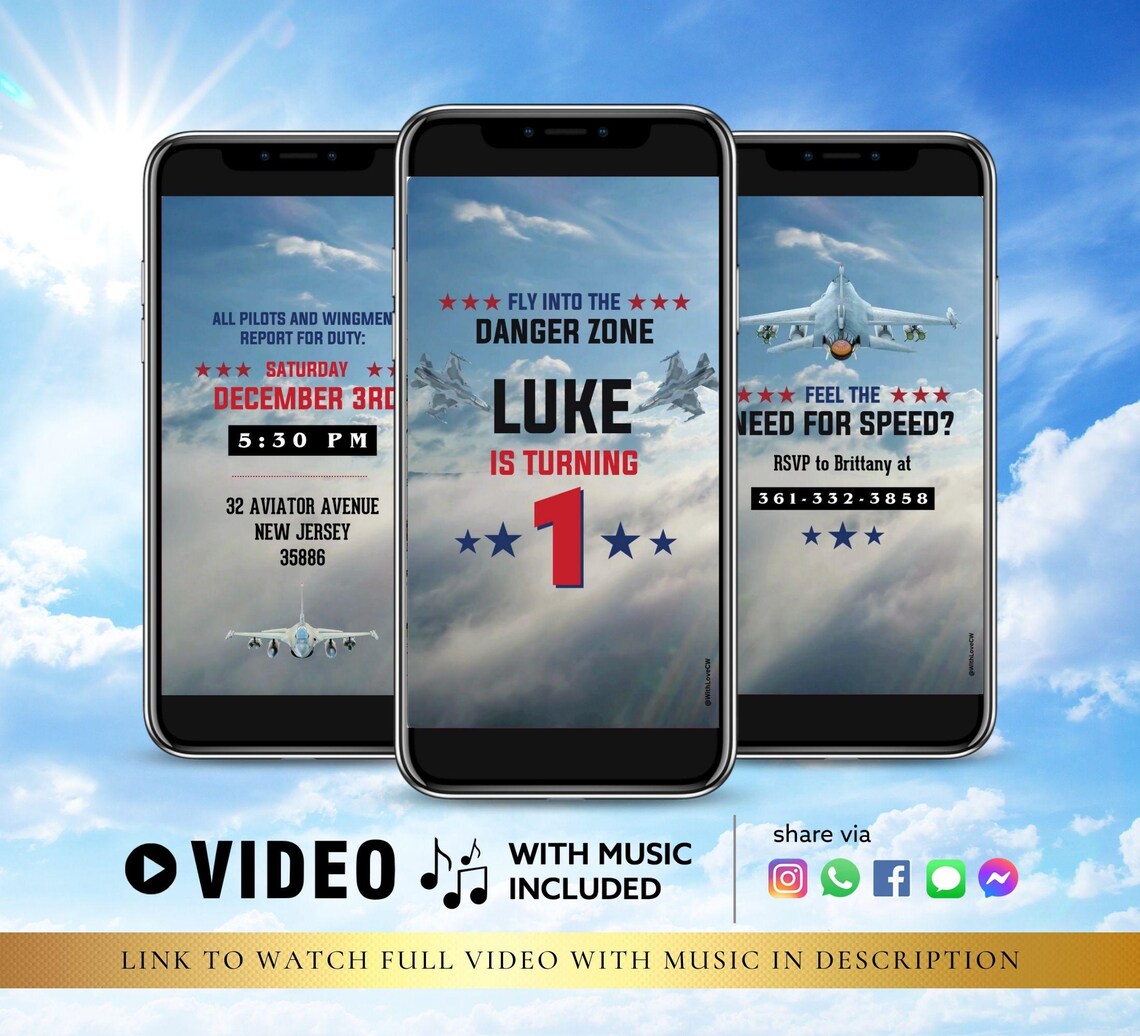 ANY TEXT Pilot Fighter Jet Planes Video Invitation Aviator Party Invite ...