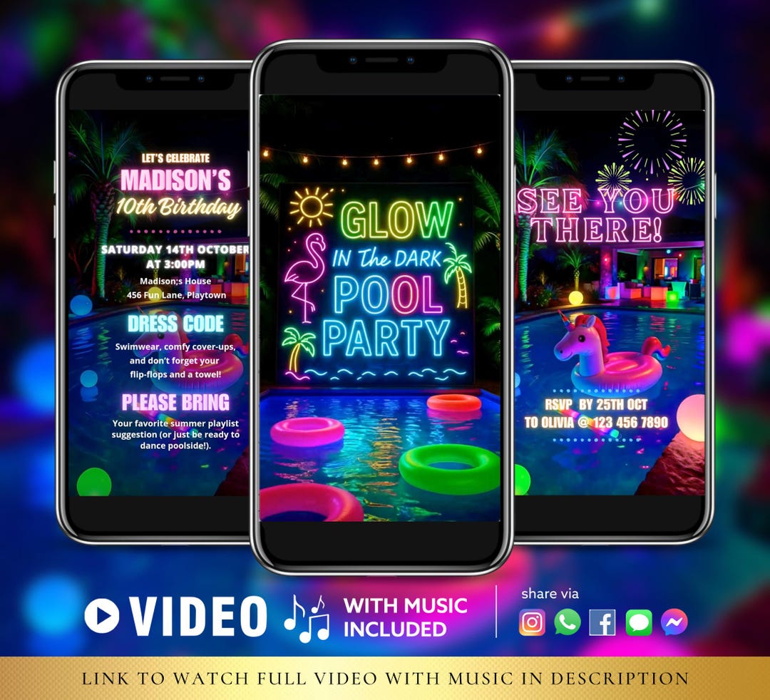 Editable Glow Pool Party Video Neon Backyard Party Pool Birthday ...