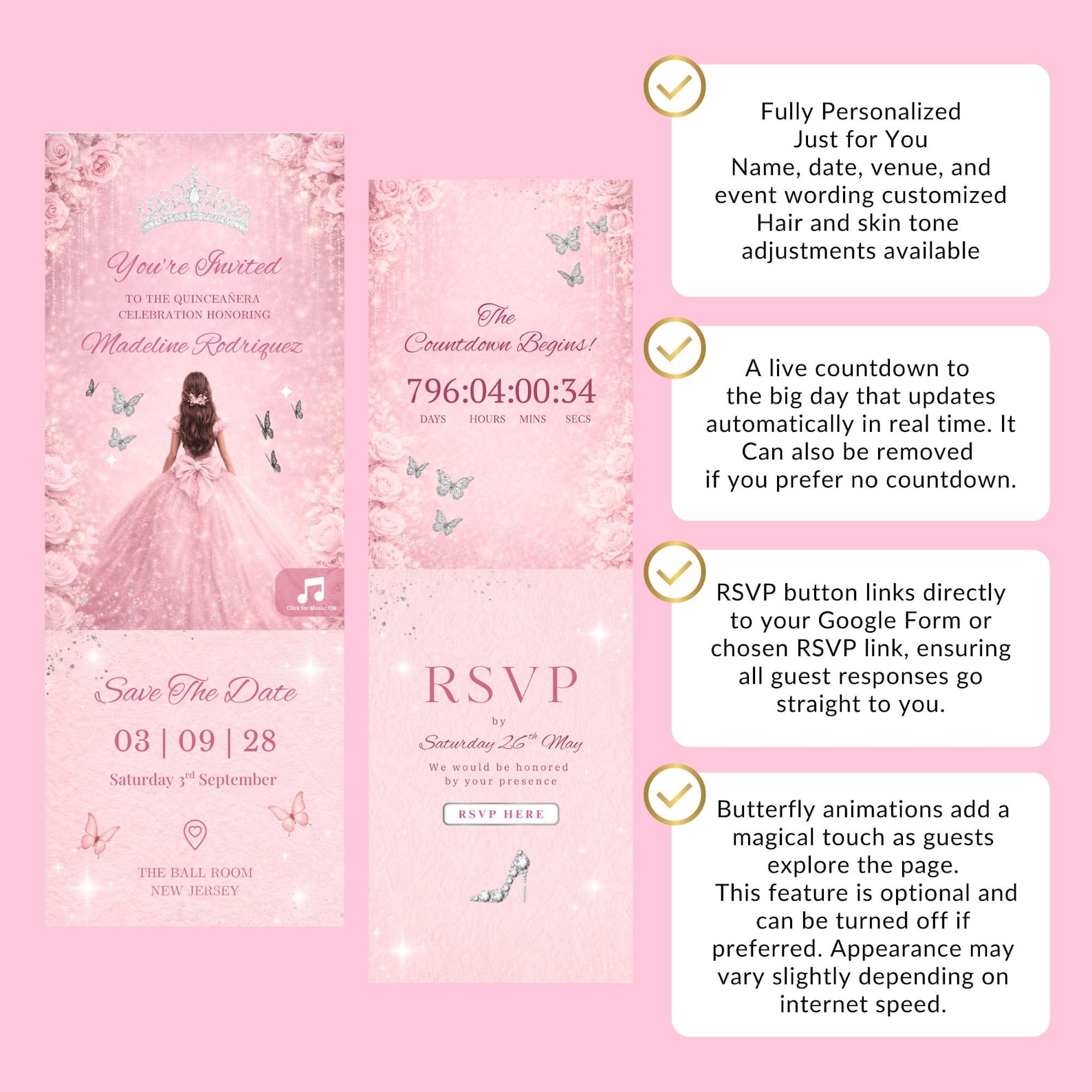 Custom Quince Website – Quinceañera Dress Save the Date Invite, Music ...