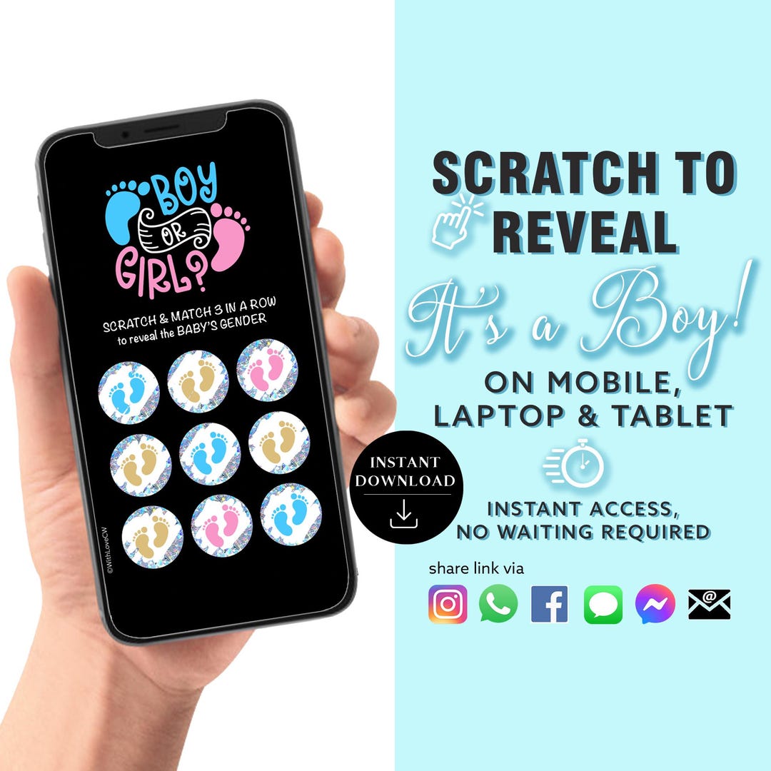 Boy Gender Reveal Digital Scratch Card, Neon Footprints Match 3 Game ...