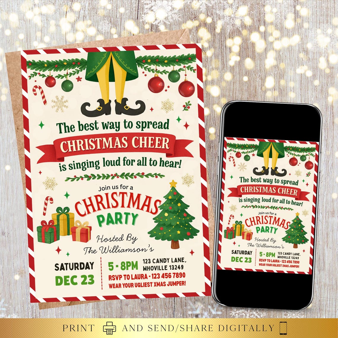 Editable Elf Christmas Party Invite Festive Holiday Theme Digital ...