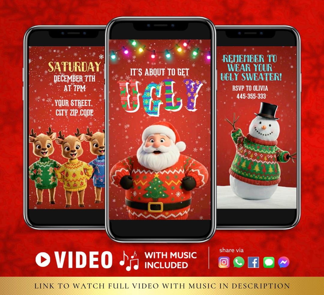 Christmas Party Ugly Sweater Party Invite | Santa Reindeers Snowman ...