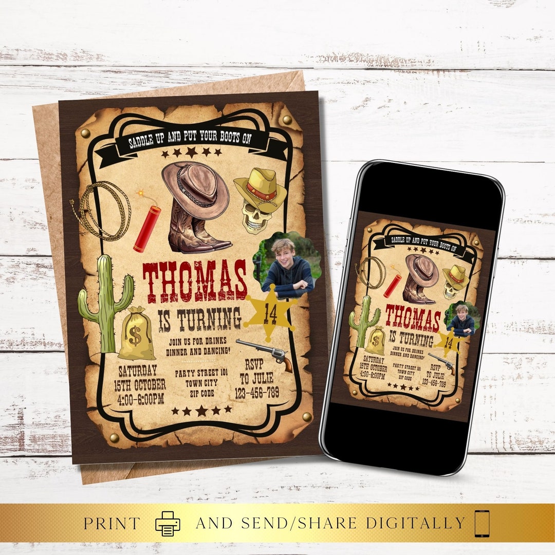 ANY TEXT Cowboy Country Western Invitation, Hat Lasso, Wild West Party ...