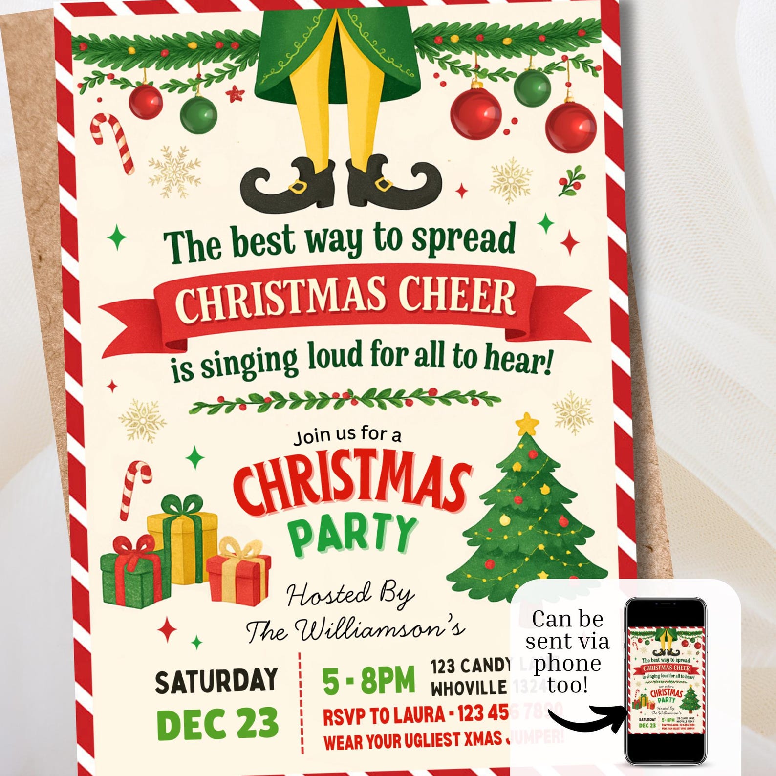 Editable Elf Christmas Party Invite Festive Holiday Theme Digital ...