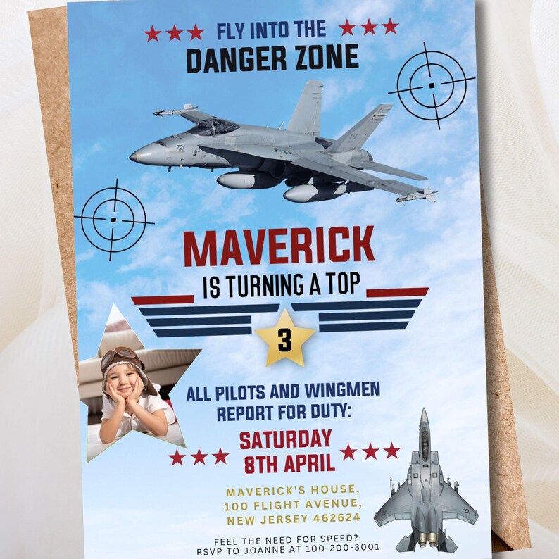 ANY TEXT Top Pilot Theme Birthday Invite | Fighter Jet Planes Pilot ...