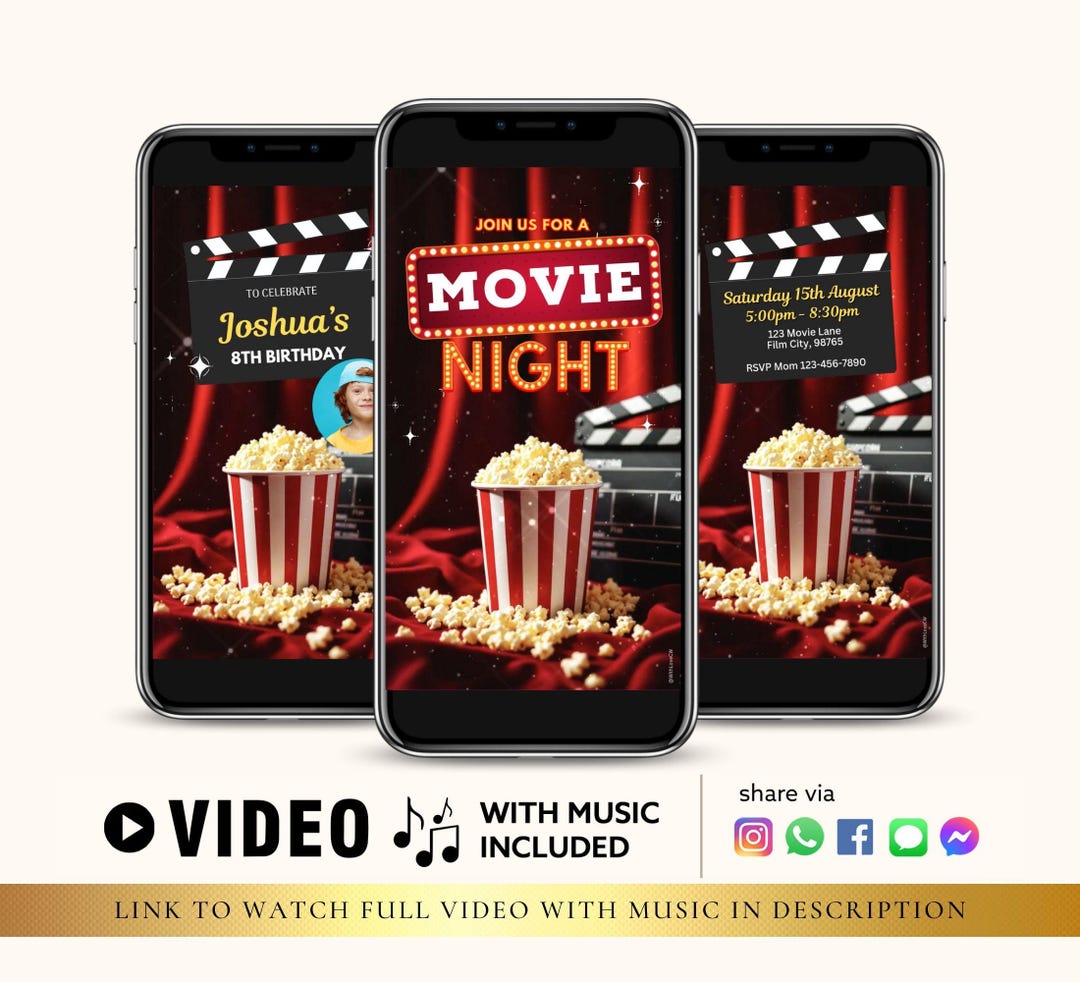 ANY TEXT Movie Night Birthday Video Invitation Movie Cinema Party ...