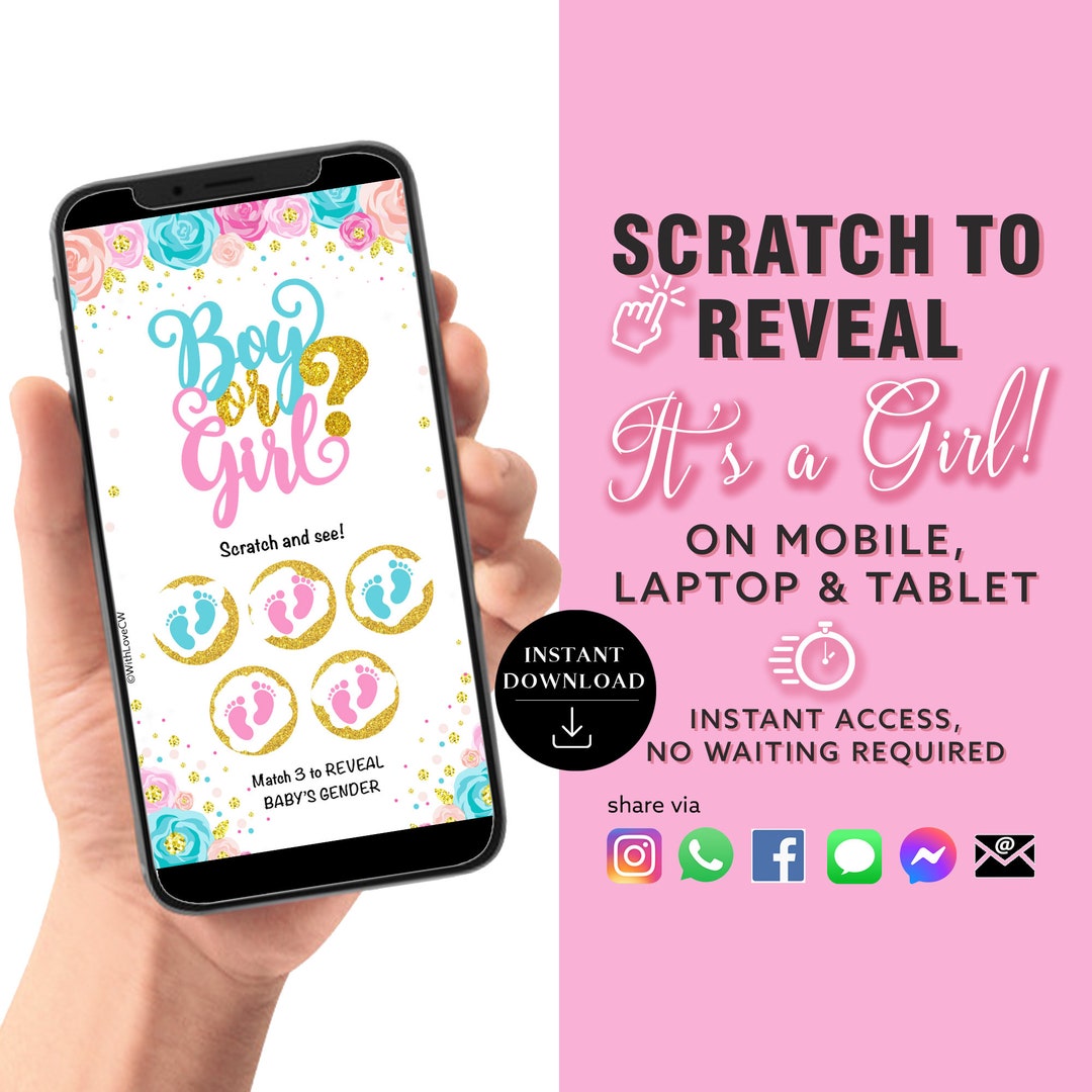 GIRL Instant Download Gender Reveal Digital Scratch Card Digital ...