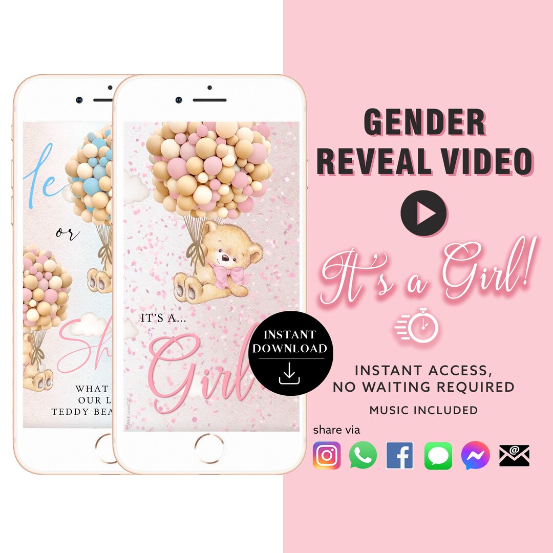 GIRL Instant Download Gender Reveal Video Card Digital Announcement ...