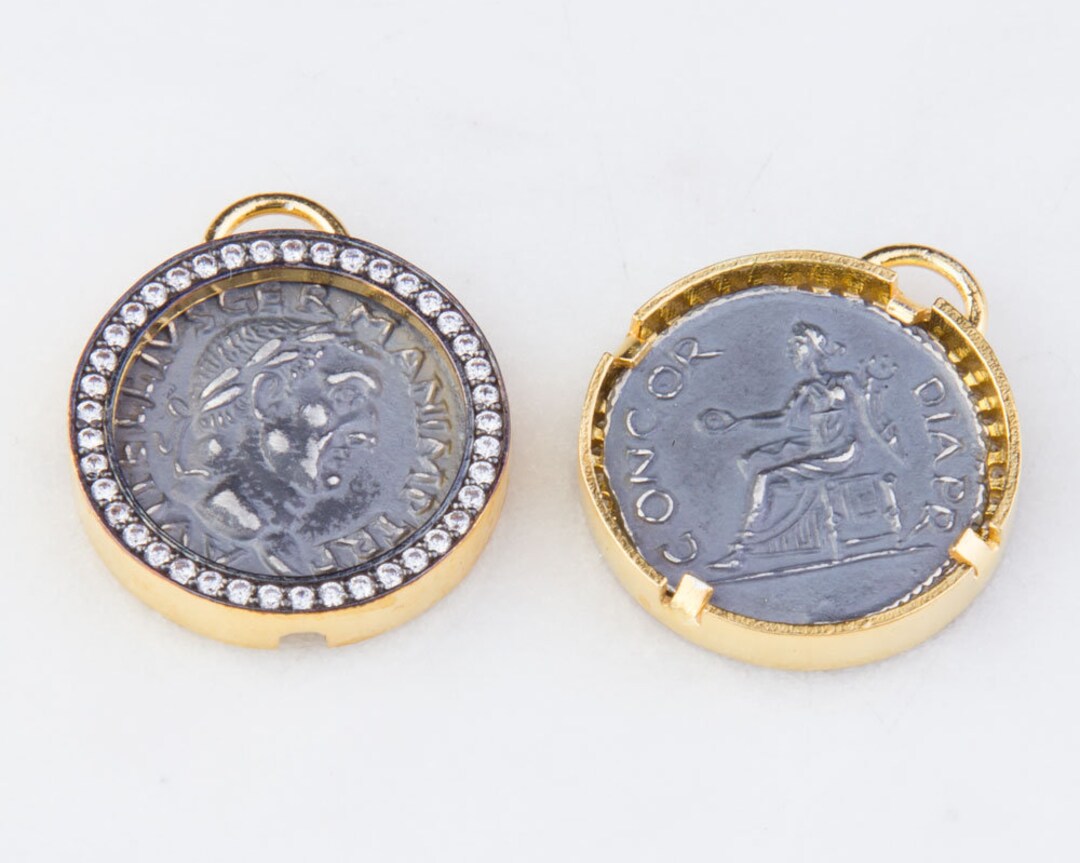 20mm CZ Roman, Greek Medallion Coin Charm in Oxidized Sterling Silver ...