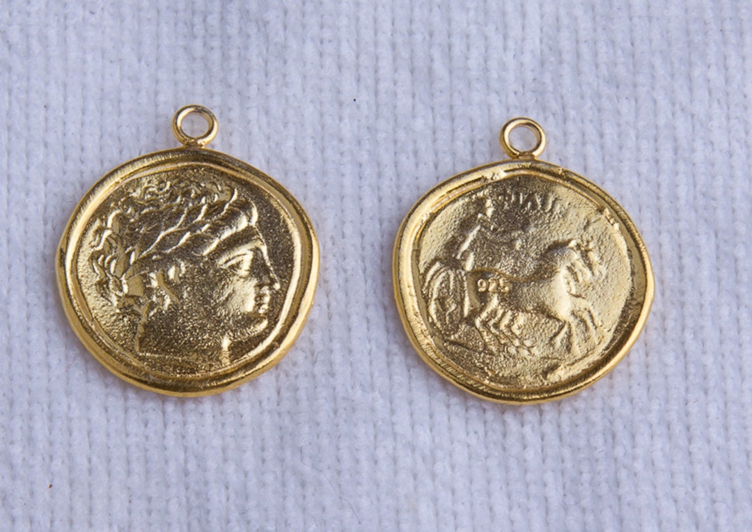 Roman, Greek Medallion Coin Charm in Oxidized Sterling Silver Gold ...