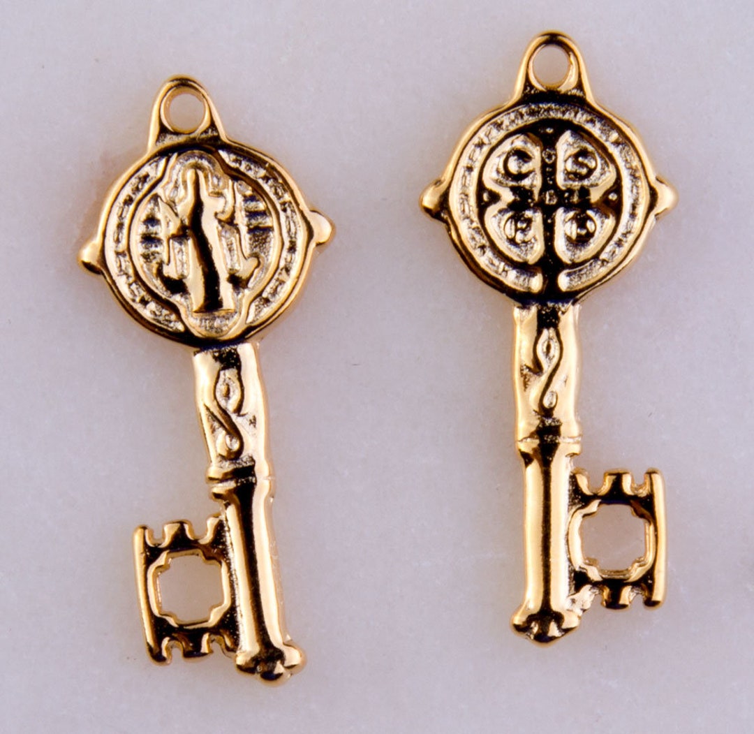 St Benedict Small Key Pendant in Gold Plated Sterling Silver, Miraculous Medal Charm, Religion ...