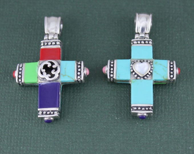 Sterling Silver Double Sided Cross Pendant With Coral, Turquoise and ...