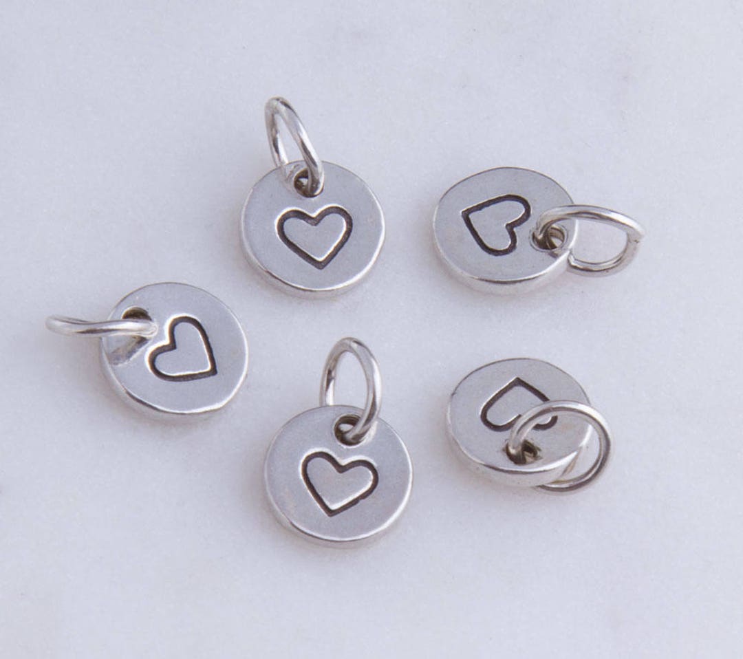 5pcs Sterling Silver Tiny Heart Round Thick Disk Charm, Permanent ...