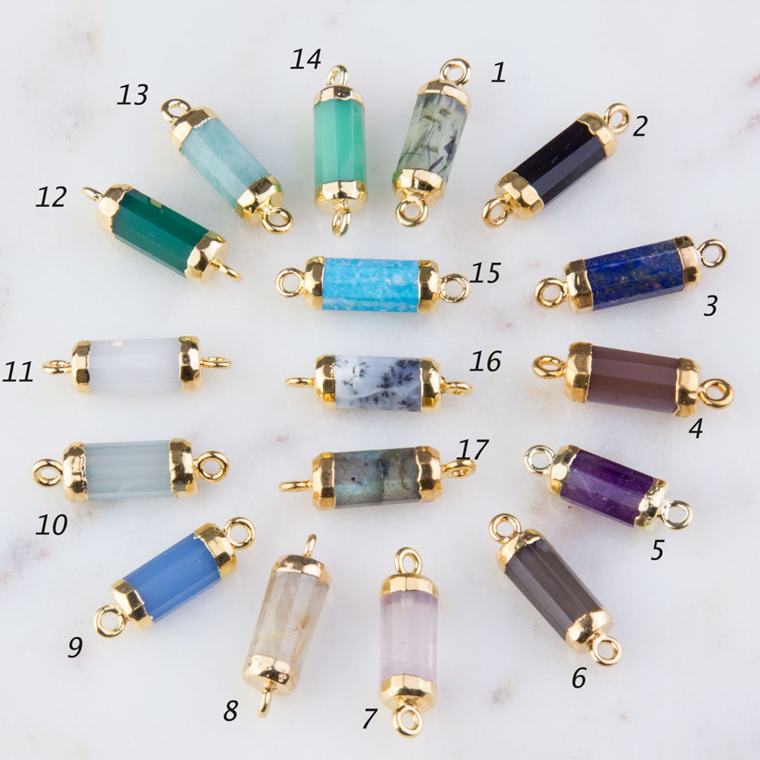 5pcs- Gemstone Cylinder Link Connector, Electroplated Gold Gemstone ...