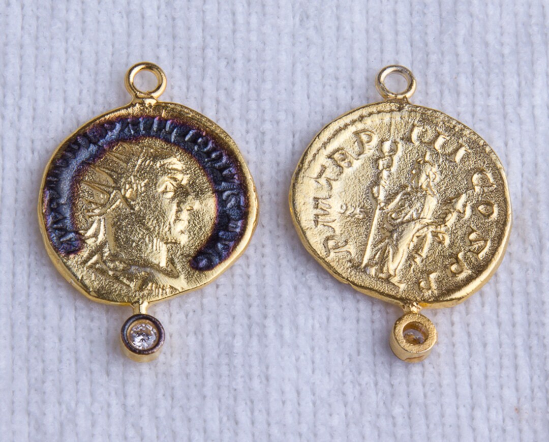 Roman, Greek Medallion Coin Charm in Sterling Silver Heavy Gold Plating ...