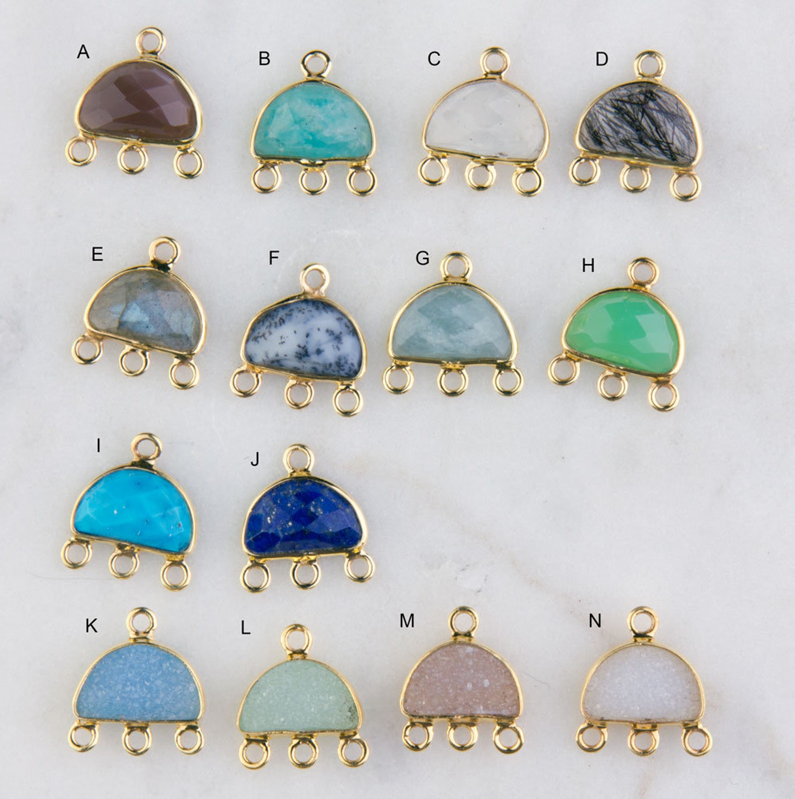 5pc - Gemstone Half Moon Shape Charm Connector, Gold Plated Over ...