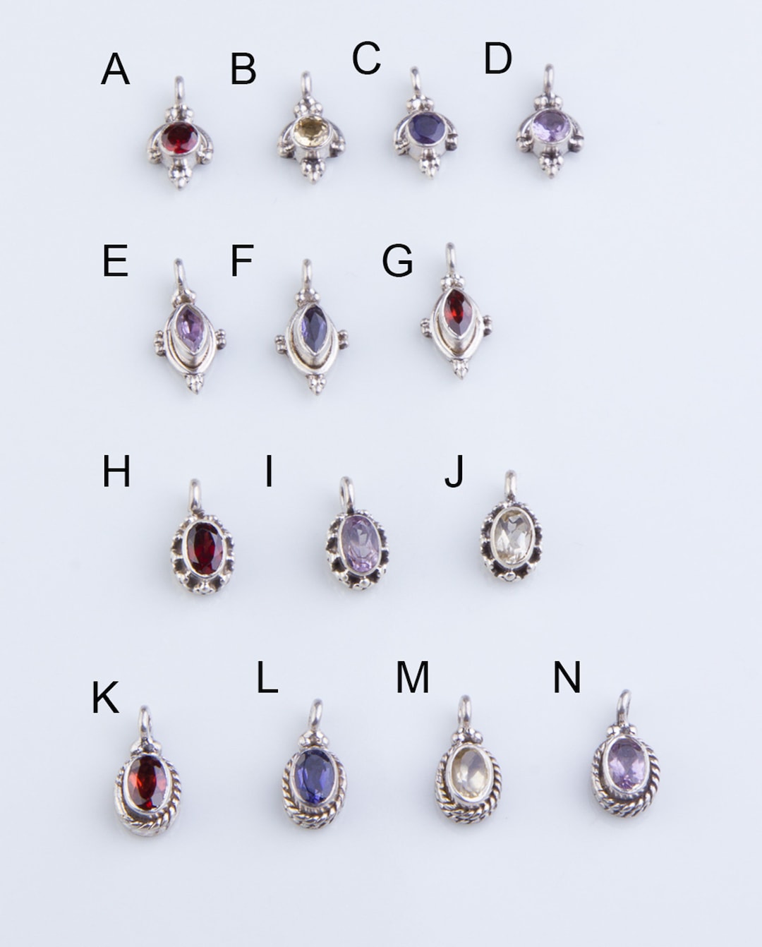 Sterling Silver Tiny Gemstone Drop Charms in Garnet, Citrine, Amethyst ...