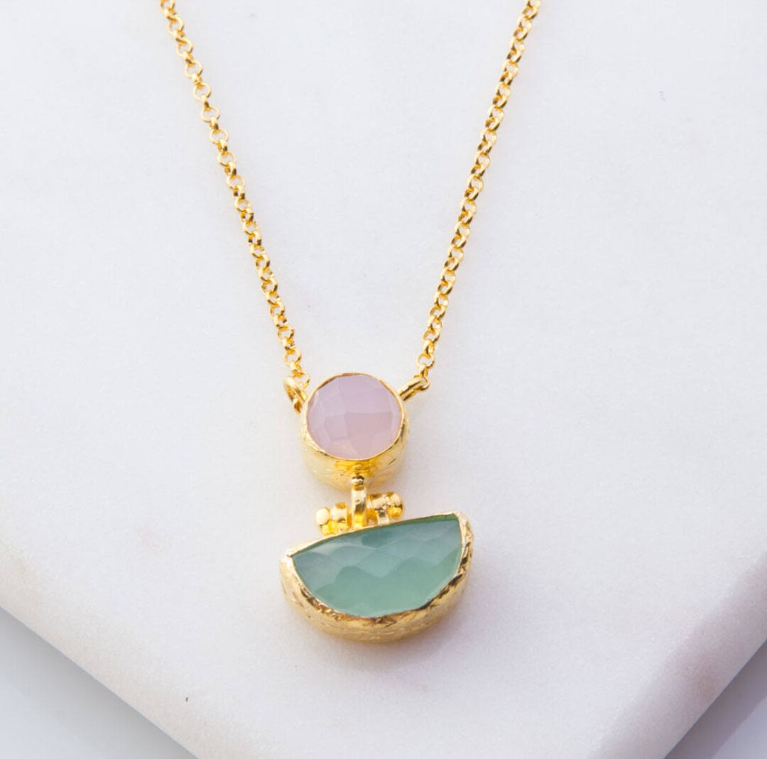 Chalcedony and Rose Quartz Vermeil Stone Chain Necklace, Statement ...