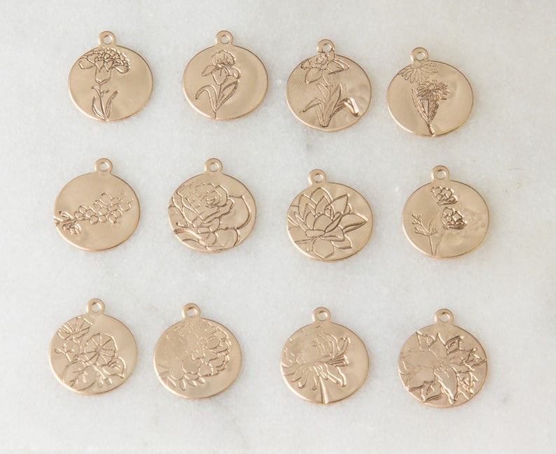Birth Month Flower Charms in Gold Filled, Garden Flower Pendant ...