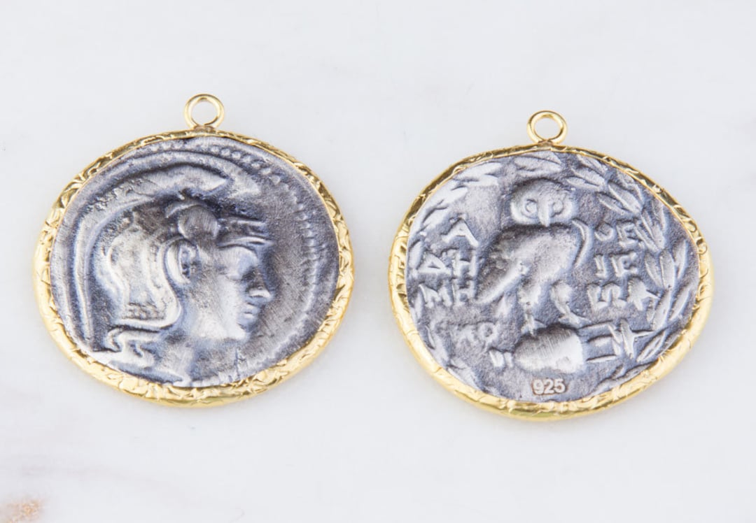 Large Roman, Greek Medallion Coin Pendant in Oxidized Sterling Silver ...