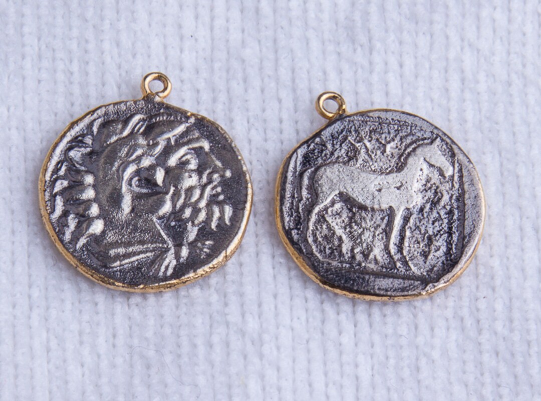 Roman, Greek Medallion Coin Charm in Oxidized Sterling Silver Gold ...