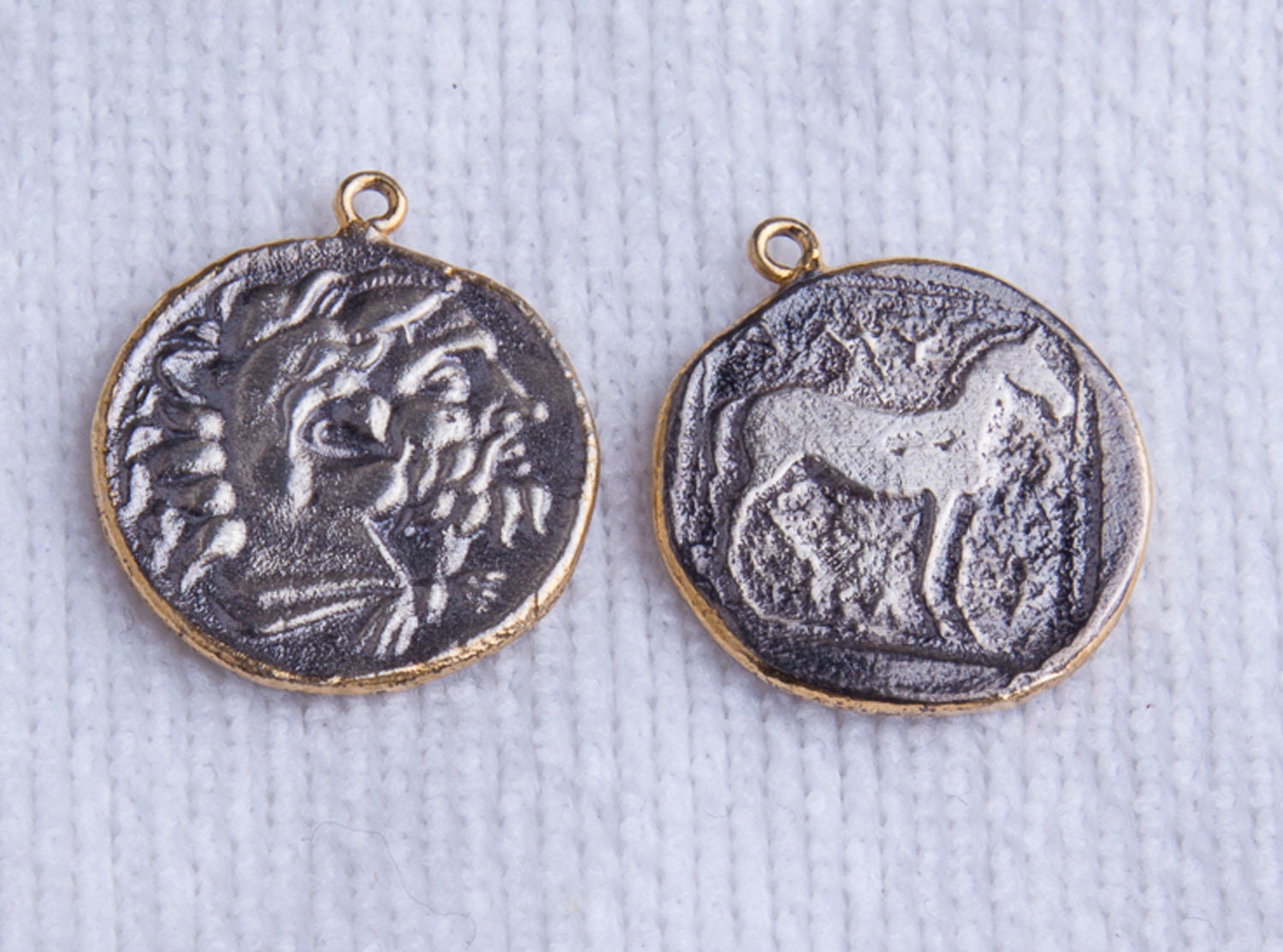 Roman, Greek Medallion Coin Charm in Oxidized Sterling Silver Gold ...