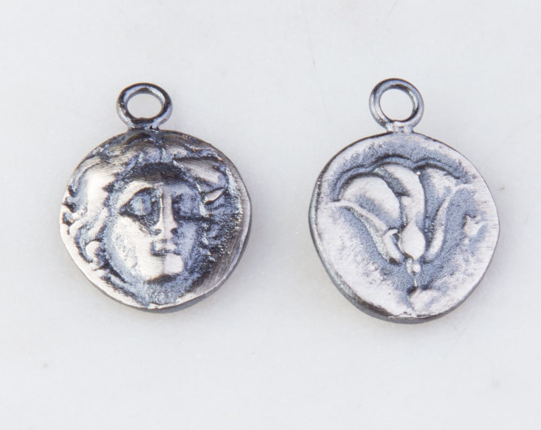 15mm Roman, Greek Medallion Coin Charm in Oxidized Sterling Silver ...