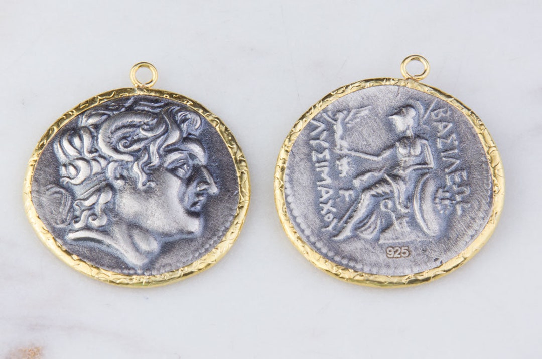 Large Roman, Greek Medallion Coin Pendant in Oxidized Sterling Silver ...